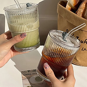 AKAVIG 1 pieces Classic Vertical Stripes Coffee Glass Cups with Lid and Straw - 14.5 Oz Ice Coffee Cup Ribbed Glassware