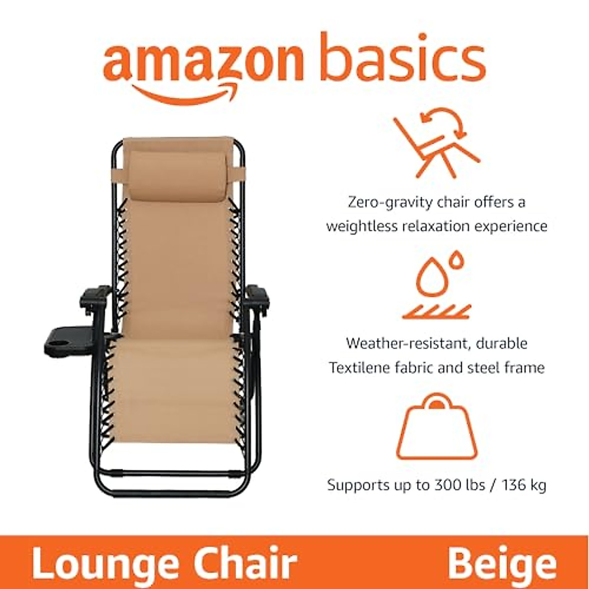 Amazon Basics Outdoor Textilene Adjustable Zero Gravity Folding Reclining Lounge Chair with Pillow, 26", Beige