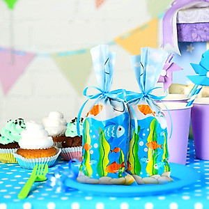 100 Pieces Fishing Party Cellophane Bags Fish Hook Seaweed Treat Bags with a Roll of Blue Ribbon for Candy Chocolate Snacks Cookies Fishing Party Decoration Supplies