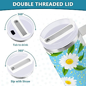 RPLIFE White Daisies Yellow Light Blue 40 Oz Tumbler, Stainless Steel Tumbler with Straw, Travel Coffee Tumbler