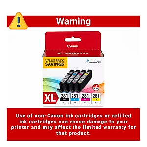 Canon CLI-281 XL Black, Cyan, Magenta and Yellow 4 Ink Pack Compatible to printer TR8520, TR7520, TS9120 Series,TS8120 Series, TS6120 Series, TS9521C, TS9520, TS8220 Series, TS6220 Series