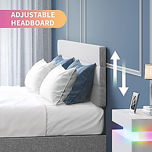 Mixoy Cal King Bed Frame with 2 Storage Drawers. Upholstered Platform Bed with Cotton Linen headboard,Wood Slat Support,Footboard with Drawer.No Box Spring Needed/Easy Assembly(Cal King,Light Grey)