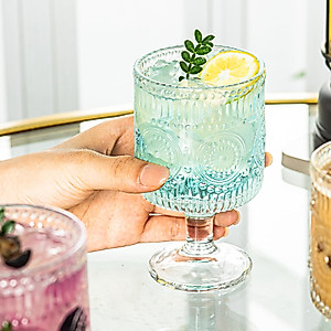 Set of 8 Romantic Vintage Goblet glassware, Charming Embossed Floral Cocktail Glasses Set, Mixed Drink Glasses, for Bars, Restaurants, Party, and Elegant Dinners, 8 oz Wine Glasses