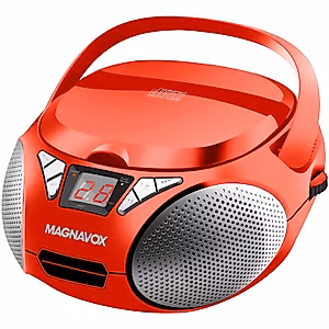 Magnavox MD6924 Portable Top Loading CD Boombox with AM/FM Stereo Radio in Black | CD-R/CD-RW Compatible | LED Display | AUX Port Supported | Programmable CD Player | (Red)