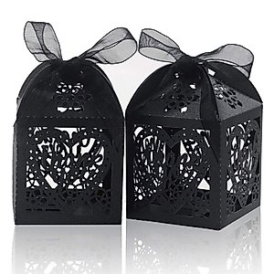 COTOPHER Laser Cut Boxes, 100pcs Thank You Gift Boxes Wedding Party Favor Boxes Lace Candy Boxes for Wedding Baby Shower Birthday Party Decorations with Ribbons (2x2x2.75inch, Black, 100)