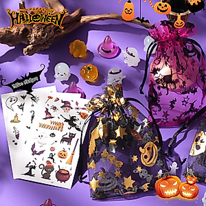 QPRETTY DU 100PCS Halloween Organza Gif Bags Set, 25PCS Glow in The Dark Resin Figures,25PCS Tattoo Sticker,Black Drawstring Gift Bags,4×6 Mesh Candy Gift Bags for Halloween Party Favors Set