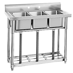 Petyee Stainless Steel Sink, Commercial Kitchen Prep & Utility Sink Free Standing 3-Compartment with Shelf for Restaurant Laundry Garage Bar Workshop (3 Compartment with Shelf, 38.9"L x 17.7"W x 37"H)
