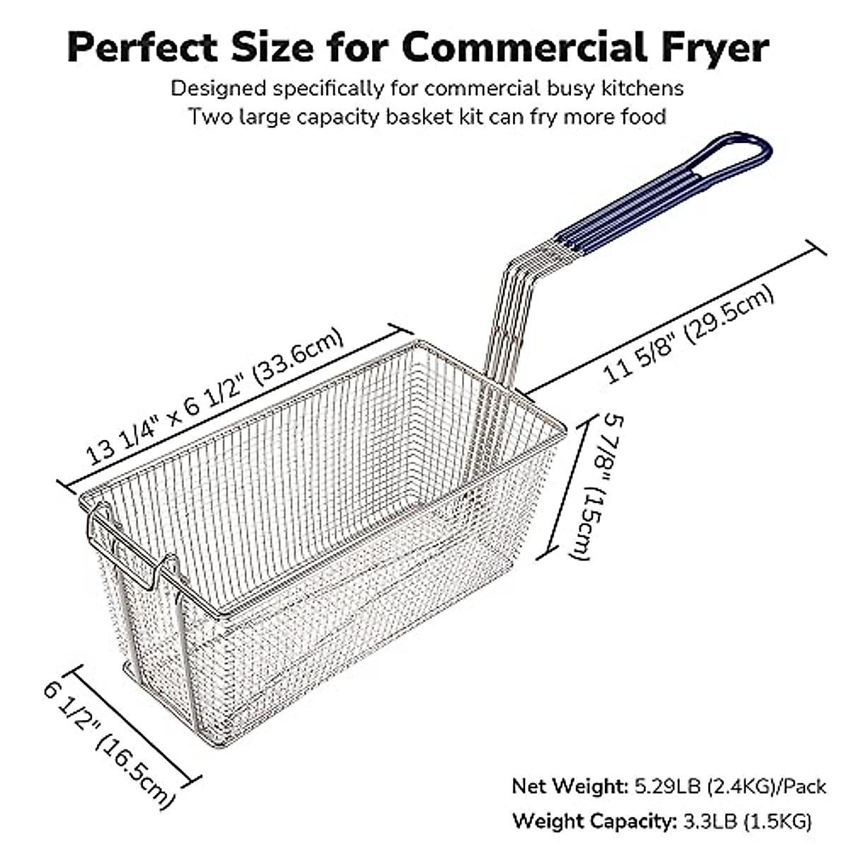 WeChef 2 Pack Deep Fryer Basket 13 1/4" x 6 1/2" x 6" with Non-slip Handle Restaurant Kitchen Chip Fish Commercial Fryer Basket