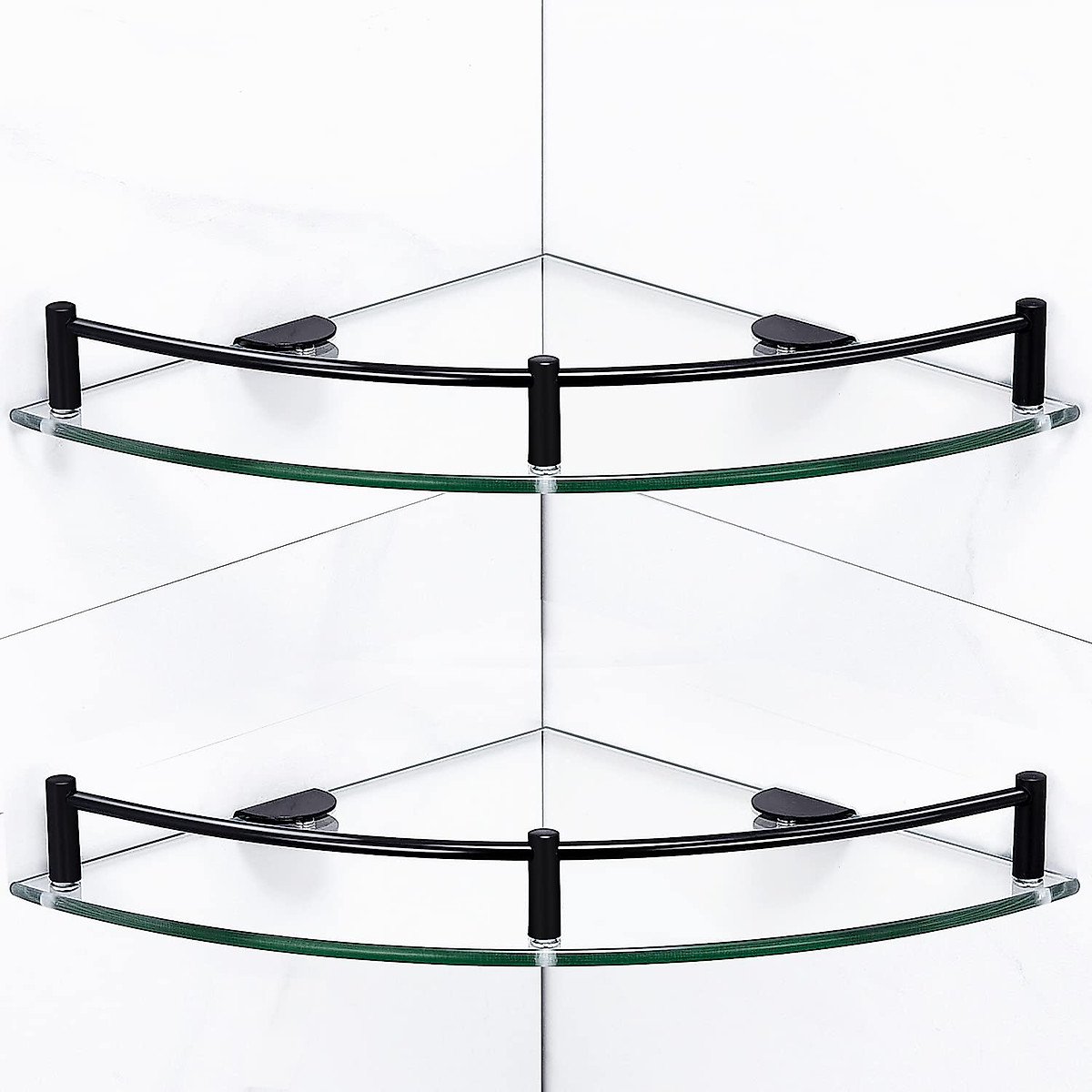 Halyuhn Bathroom Shower Corner Shelf, 9.5in Tempered Glass Bathroom Shelf for Bathroom Corner Shower Wall Mounted, 2 Tier Bathroom Organizers and Storage, Stainless Steel Rail