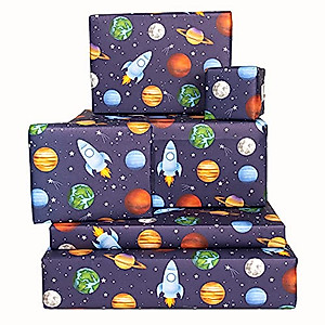 Wrapping Paper for Boys - Kids - Blue - Games (PLANETS IN SPACE)