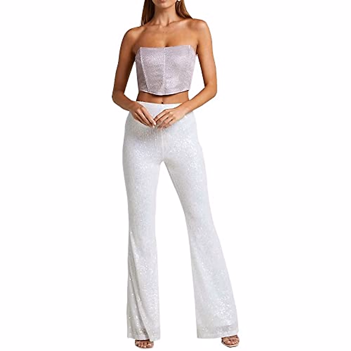 Sequin Flared Pants for Women High Waisted Loose Sparkly Wide Leg Disco Rave Pants Silver XL