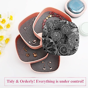 Islam, Arabic, Indian, Ottoman Motifs Tribal Mandala Floral Flower Women Jewelry Box with Mirror, 360 Degree Rotating 4-layer Tray with Lid, Storage Bag Case for Rings, Necklaces, Bracelets