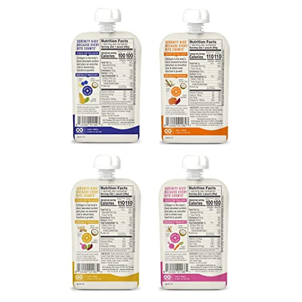 Serenity Kids 6+ Months Dairy-Free Smoothie Baby Food | USDA Organic | Grass Fed Collagen Protein | 3.5 Ounce BPA-Free Pouch | Variety Pack | 8 Count