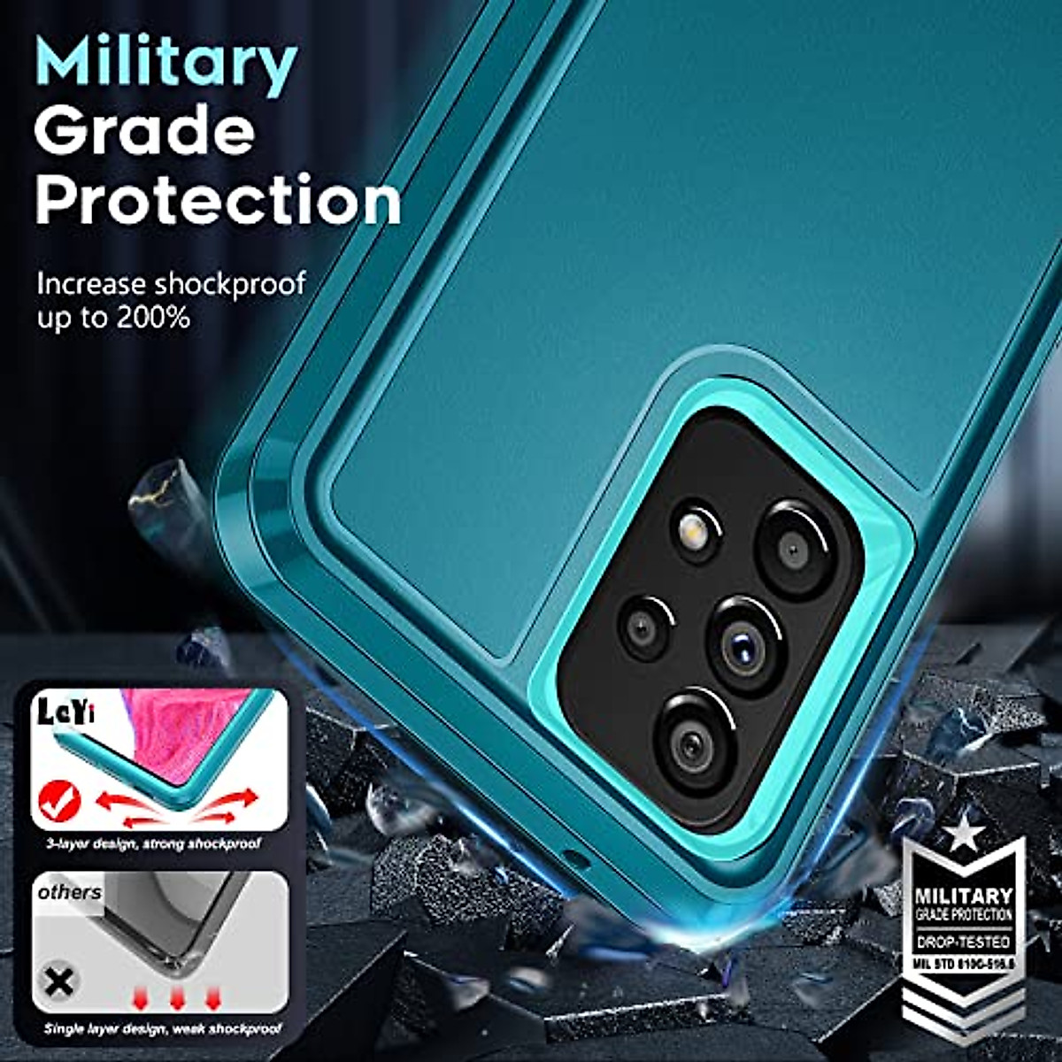 LeYi Samsung A53 5G Case: 3-in-1 Full Body Protection, Teal Blue with [2 Pack] Tempered Glass Screen Protectors