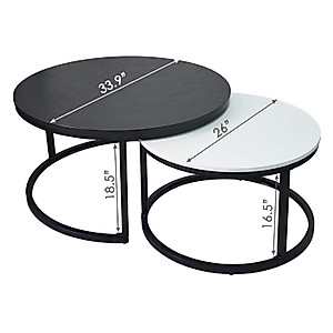 Usinso Round Coffee Tables,2 Round Nesting Table Set Circle Coffee Table with Storage Open Shelf for Living Room Modern Minimalist Style Furniture Side End Table of Stable(Black & White)