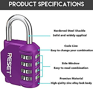 RESET-060 4 Digit Combination Lock Outdoor Padlock for School Gym Sports Locker Fence Toolbox Gate Suitcase Hasp Purple
