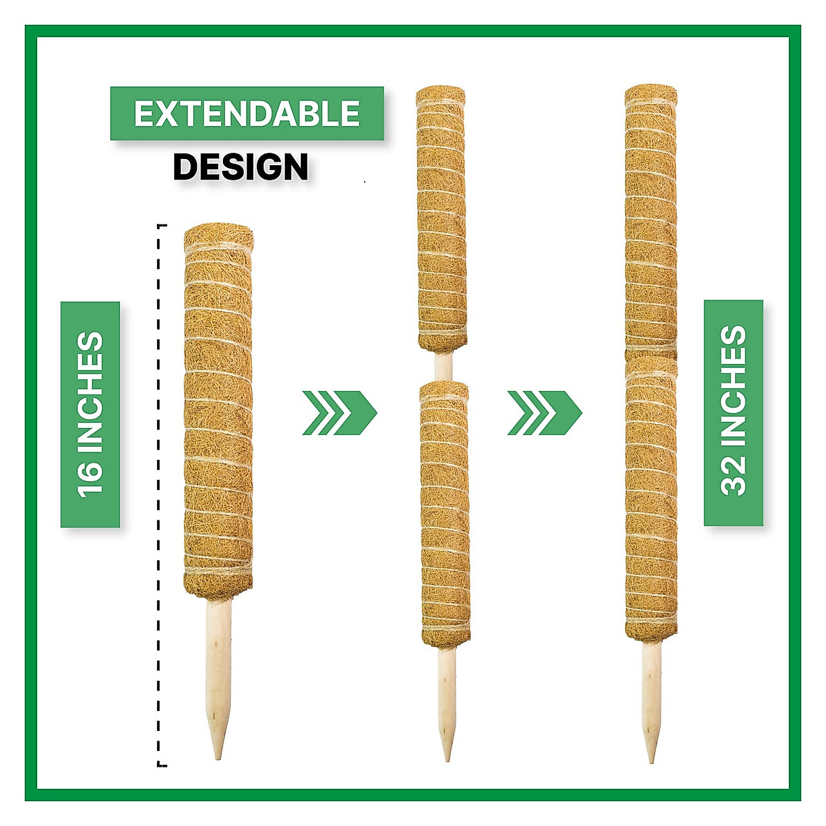 Rossesie 29-inch Moss Pole for Plants Monstera – 2 Extendable Coco Coir Support Stakes for Indoor Potted Plants - Moss Poles for Climbing Plants to Grow Upward with 2 x 47'' Twist Tie