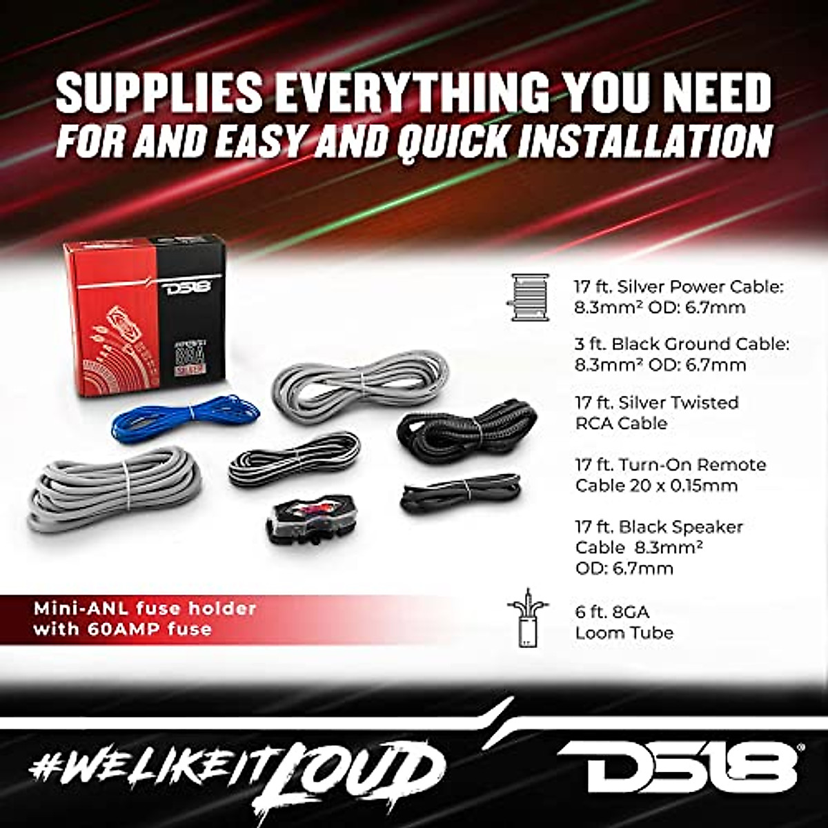 DS18 AMPKIT0 – 8GA CCA Installation Kit for Car Audio Amplifiers - True Gauge Wire - Complete Amplifier Installation Wiring Kit with Fuse Holder 60A
