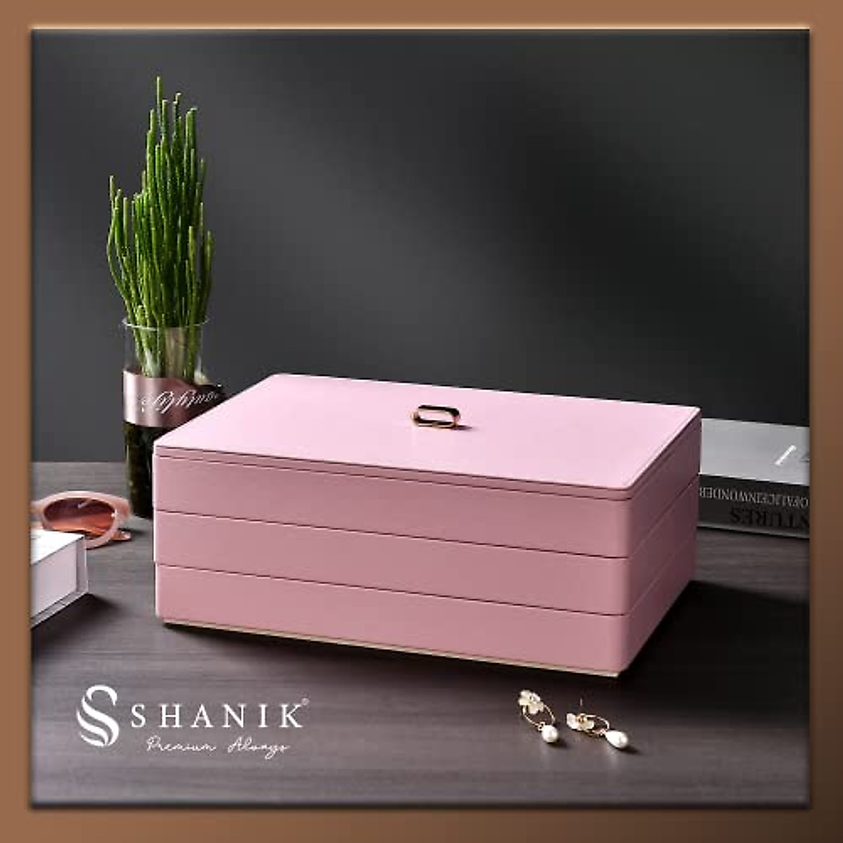 Shanik Stackable Large Jewelry Tray Organizers, 3 Pc. Set, Cute Designer Storage with Soft Velvet Surfaces to Protect Rings, Necklaces, Bands, and Earrings, Custom Display, Large Capacity, Pink