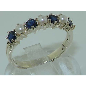 LetsBuyGold 925 Sterling Silver Cultured Pearl & Sapphire Womans Eternity Ring - Size 4
