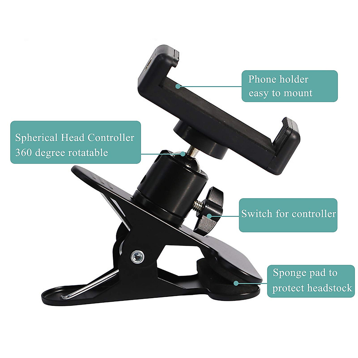 Guitar Bass Ukulele Headstock Cell Phone Holder, Live Broadcast Bracket Clip for iPhone Samsung Smart Phones, Mount for Close Up Home Music Recording