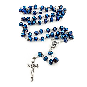 Nazareth Store Deep Blue Crystal Beads Rosary Catholic Necklace Holy Soil Medal Cross Crucifix Velvet Bag