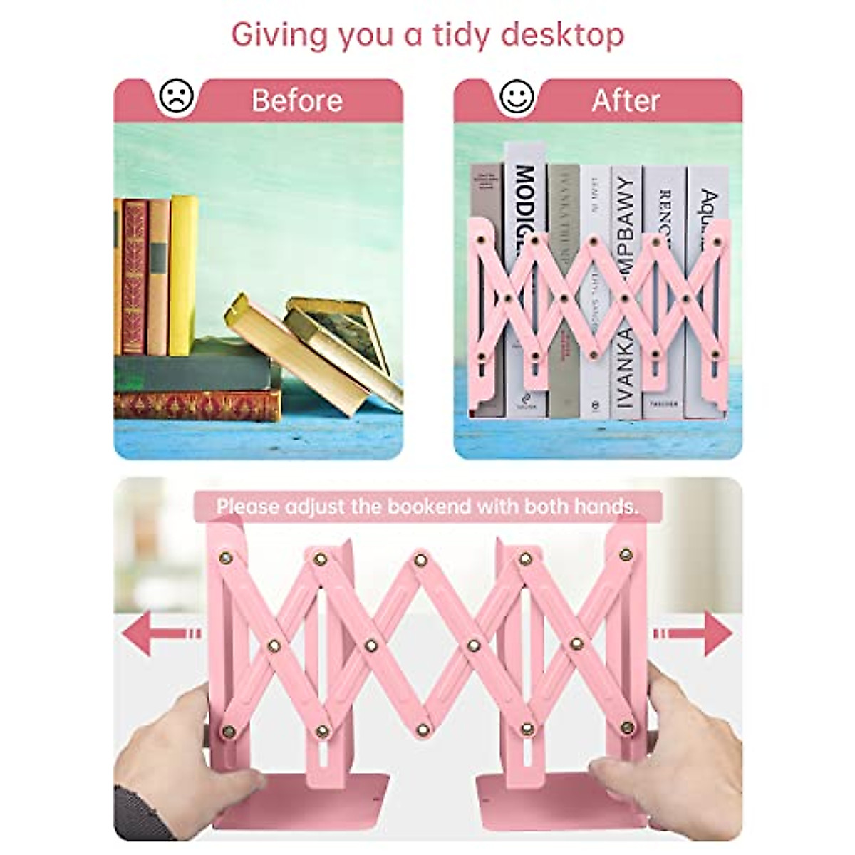 Adjustable Bookends, Metal Book Ends for Shelves Heavy Book, Desk Magazine File Organizer for Home, Office, Books, Papers, Extends up to 19 inches (Pink)