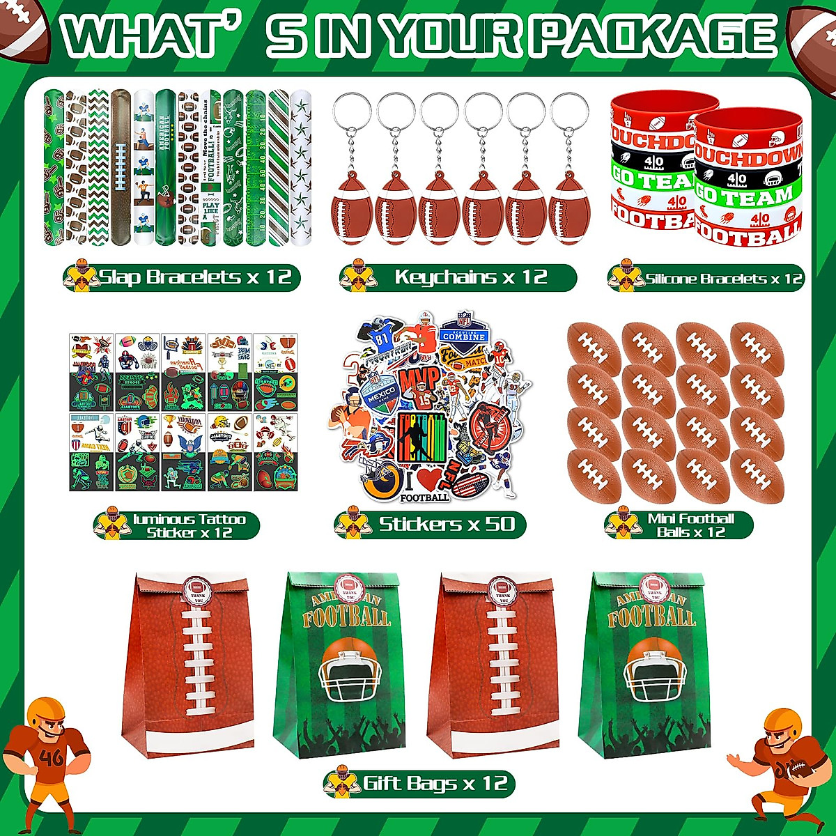 BOIKOKY 122Pcs Football Party Favors Football Goodie Bags Stuffers with Stress Ball Keychain Tattoo Sticker Silicone Bracelet for Football Birthday Party Supplies