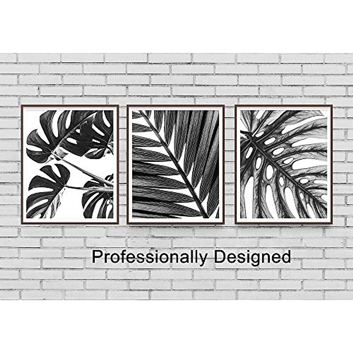 Grey Tropical Leaf Botanical Wall Art 3 Piece Print Set 8x10 Unframed Black and White Monstera and Palm Leaves for Bathroom, Bedroom Home Decor Idea