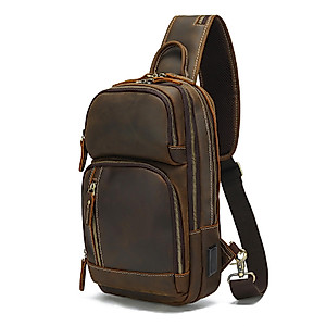 Lannsyne Small Vintage Leather Sling Bag For Men Crossbody Chest Daypack fits 10.5" iPad