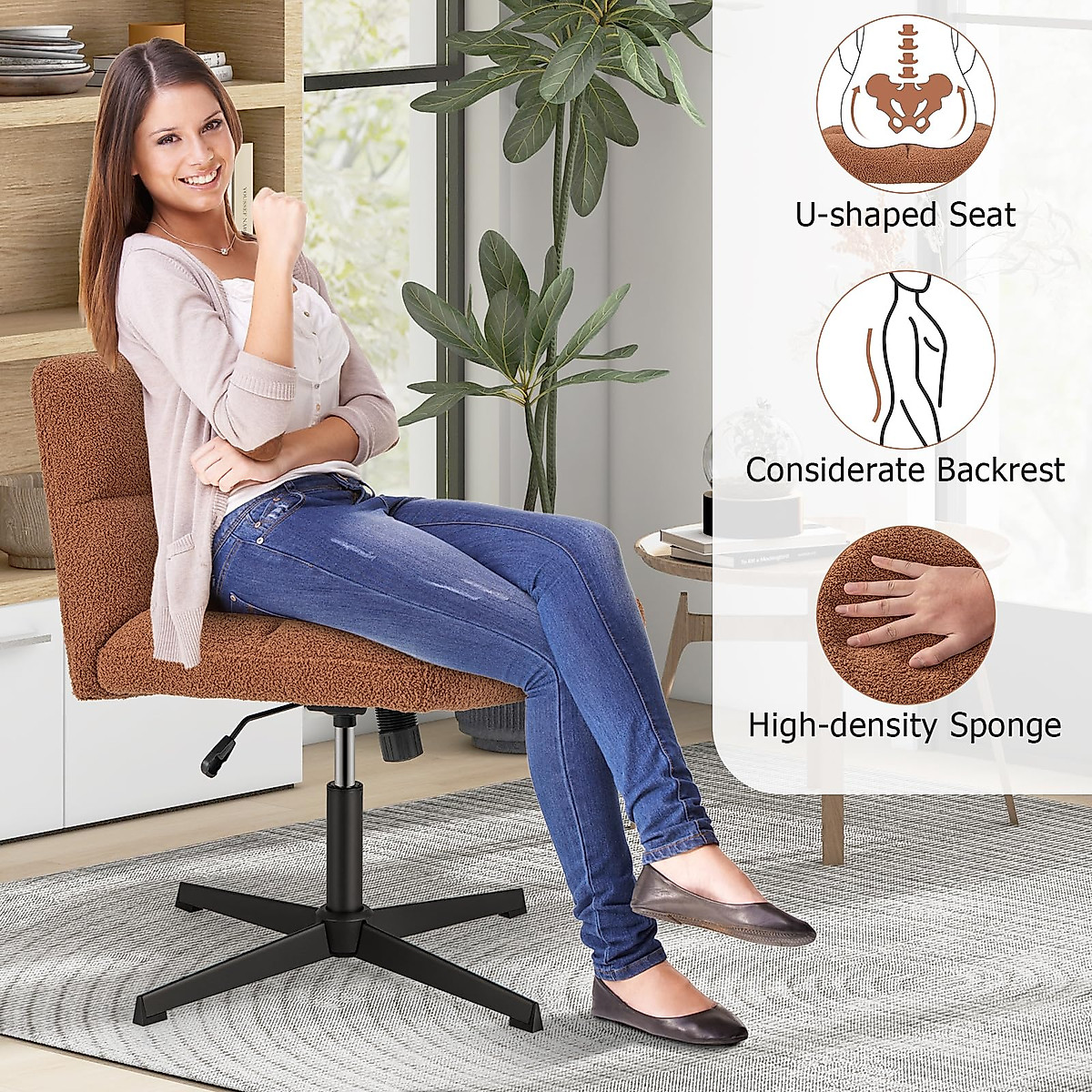 COSTWAY Cross Legged Office Chair, Armless Wide Seat Swivel Desk Chair No Wheels, Height Adjustable Mid Back Computer Task Chair, Modern Faux Lamb Fleece Vanity Chair for Home Office (Brown)