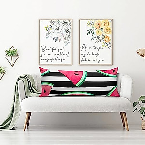 Body Pillow Cover with Zipper Closure, Super Soft and Cozy Body Pillow Case Cover Luxury Long Body Pillowcase Tropical Fruit Watermelon Pink Summer Stripe Black and White Background 20 x 54 Inches