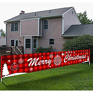 Large Merry Christmas Banner,Xmas Outdoor & Indoor Hanging Decor,Xmas Sign Huge Xmas Home Party Decoration (Red lattice letters)