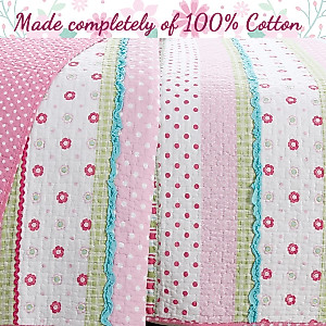 Pink Polka Dot Peace & Love 100% Cotton Reversible Quilt Bedding Set For Kids Girls, Coverlet, Bedspread ( Flower Pastel, Twin - 5 Piece: 1 Quilt + 1 Standard Sham + 3 Decorative Pillows)
