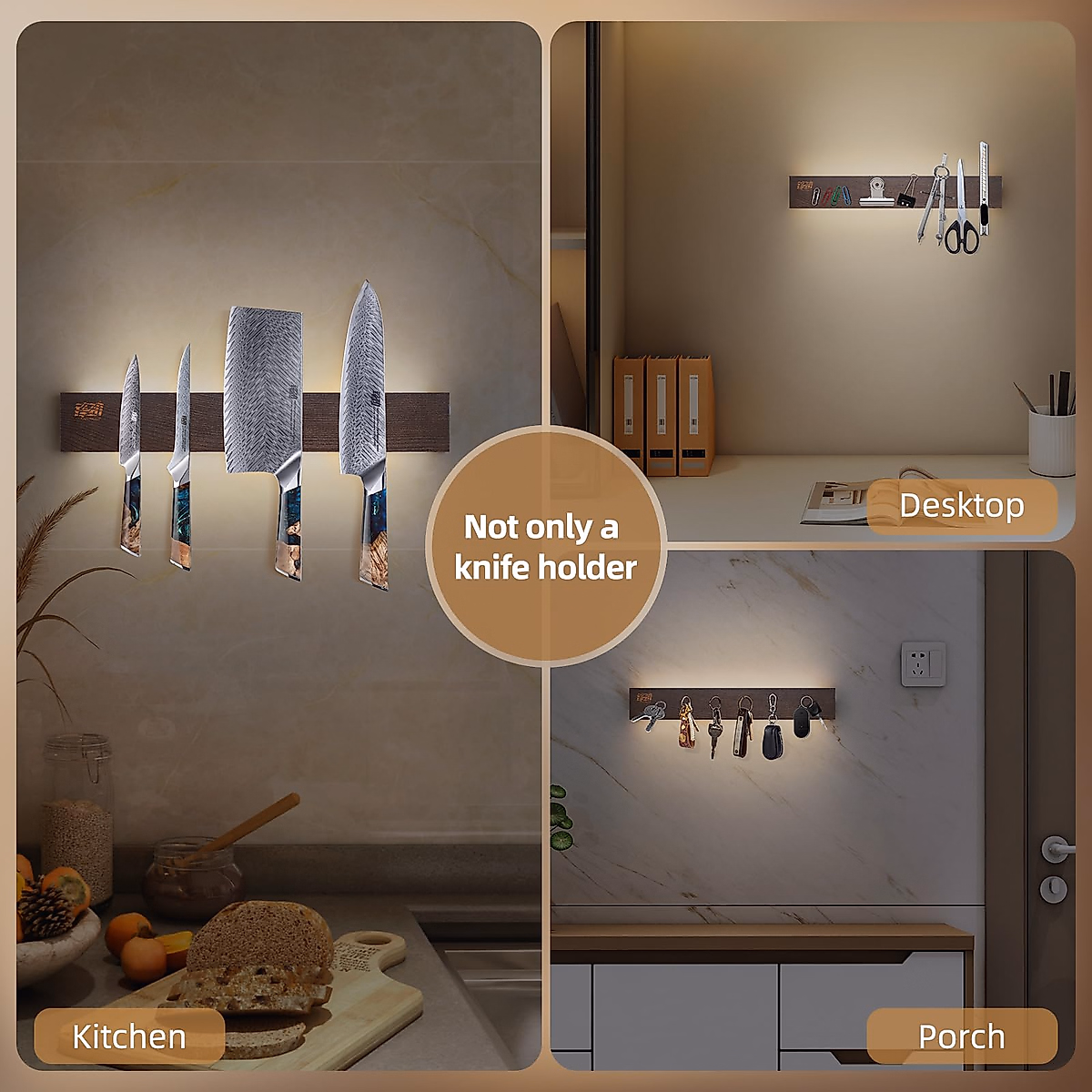 FINDKING 18 Inches Lighted Magnetic Knife Strip, Backlit LED Utensil Holder for Wall and Refrigerator, Magnet Knife Rack for Home Kitchen, No Drill (Ash Wood, Dark Brown)