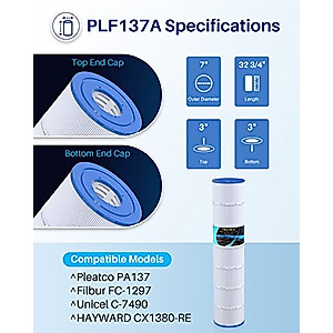 POOLPURE PLF137A Pool Filter Replaces PA137, Unicel C-7490, Filbur FC-1297,FC-6455, Hayward CX1380-RE, C-5500, C5520, SD-00368, APCC7251, 17-175-1339, 137 Sq.ft Filter Cartridge 4PACK