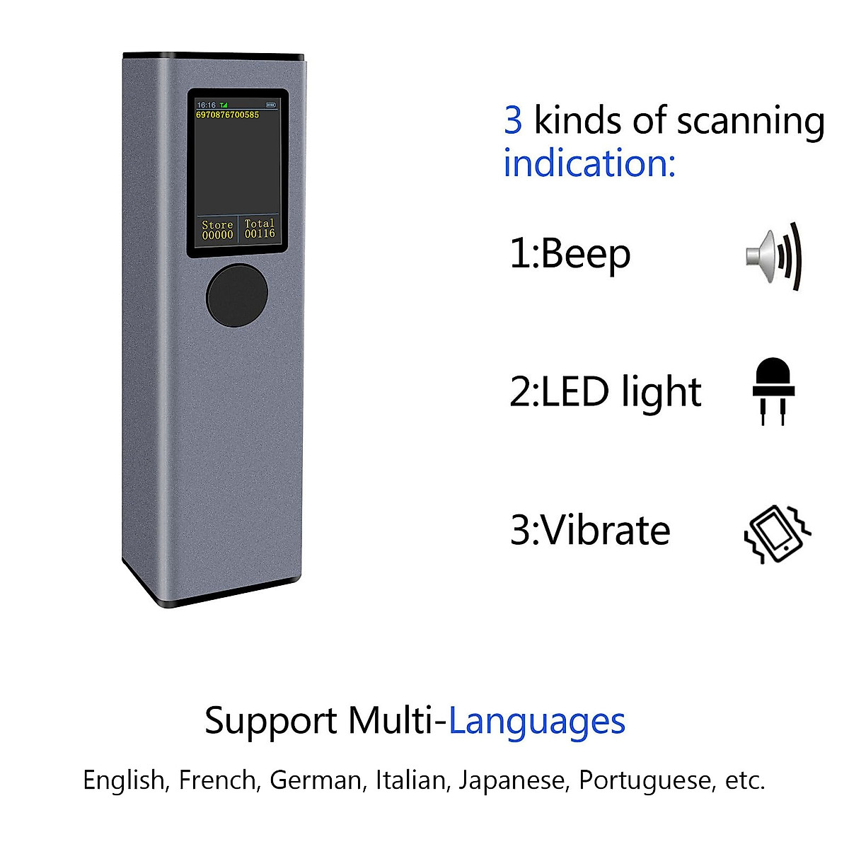 2D 1D QR Barcode Scanner with TFT Screen 3 in 1 BT & 2.4GHz Wireless & Wired Connection Sound and Vibrator Prompt Support Offline Storage Compatible with Windows Android Linux for Supermarket