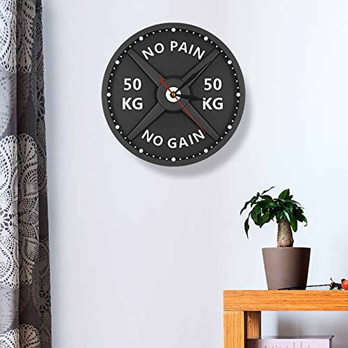 YUYANG Wall Clock 12 Inch No Pain No Gain 50Kg Barbell Modern Printed Acrylic Wall Clock Weight Lifting Dumbbell Bodybuilding Wall Watch Gym Decor Gift Sports Wall Clock