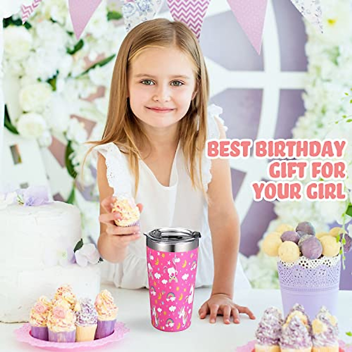 Shellwei 2 Pack Kids Cups with Lids and Straws Toddler Smoothie Cup with Rainbow Unicorn Pattern Leak Proof Spill Proof Straw Cups for Girls Stainless Steel Insulated Tumbler for Hot Drink (12 oz)