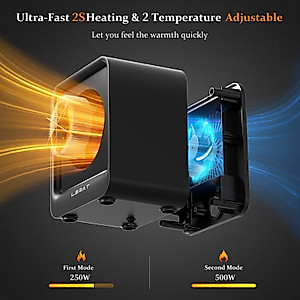 Electric Space Heater, Small Heater for Indoor Use, 500 Watts High Output & 2 Speeds, Mini Personal Heater for Office Desk Camping, Black