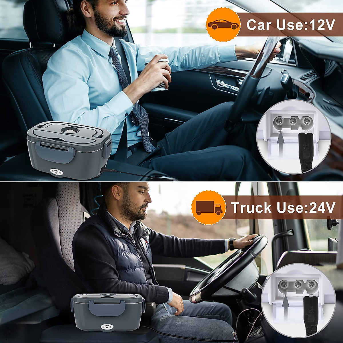 Akhia Electric Lunch Box Food Heater, 60-80W Heated Lunch Boxes for Adults Man Work Car Truck, Portable Food Warmer Heating Lunch Box with 1.5L 304 Stainless Steel Container, 12V/24V/110V