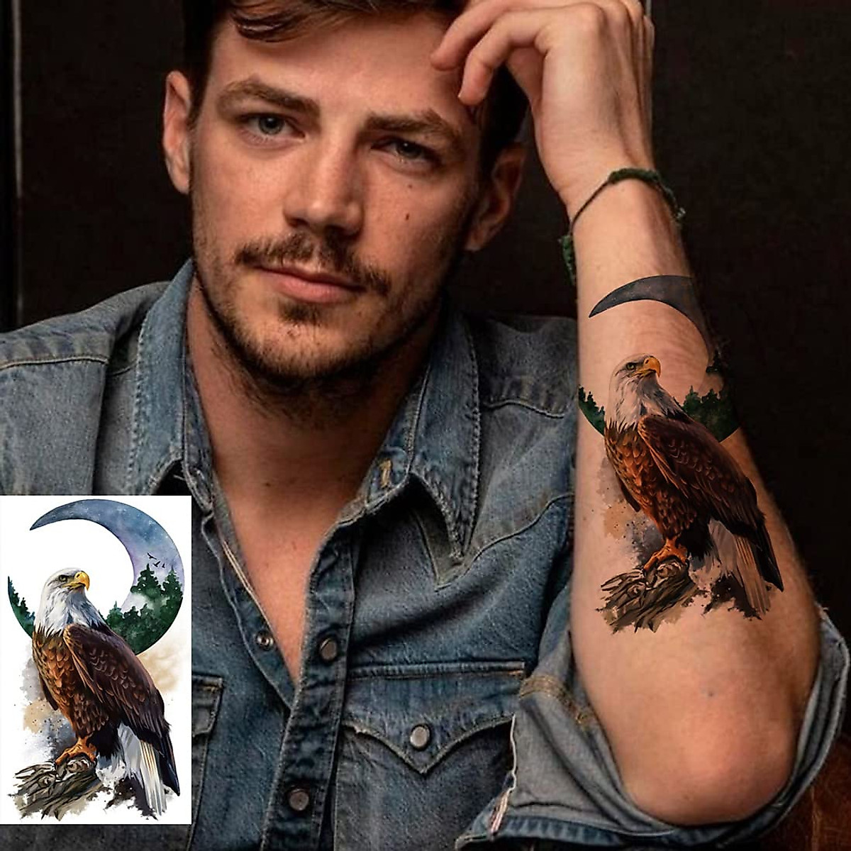 Ooopsiun 12 Large Sheets Eagle Temporary Tattoos For Men Kids, Cool Waterproof Body Fake Tattoo Sticker for Aldult 3D Eagle Large Arm Tattoos