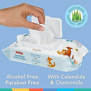 Nuby Soothing Baby Wipes Naturally Inspired with Chamomile Aloe and Citroganix (Fragrance Free/Extra Thick), Unscented, 64 Count