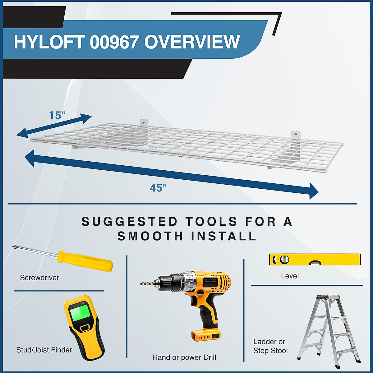 HyLoft 00967 45-Inch by 15-Inch Steel Wall Shelf for Garage Storage, Low-Profile Brackets, Off White, 2-Pack