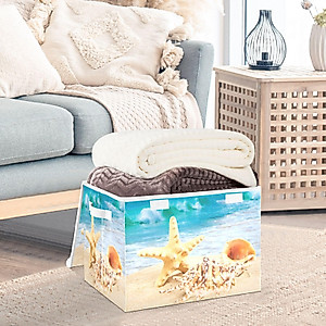 DIGTIA Storage Bins with Lids Shell Starfish Beach Foldable Storage Boxes with Handles Sea Wave Seaside Large Storage Basket Collapsible Organizer Containers for Closet Home Bedroom Office