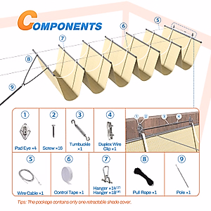 TANG 4' X 12' Retractable Pergola Shade Cover Replacement Shade Covers for Deck Porch Patio Permeable Wave Shade Sail Removable with Hardware Wire Cable(Beige)