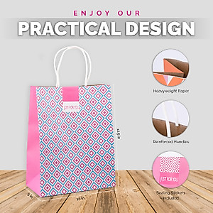 Racrico Paper Gift Bags,12 Pack of Paper Gift Bags with Handles in Solids and Geometric Patterns Unique Design,12.5X5X10 INCH Paper Gift Bags Bulk with Stickers For Birthdays,Party Favor,Reusable & Durable