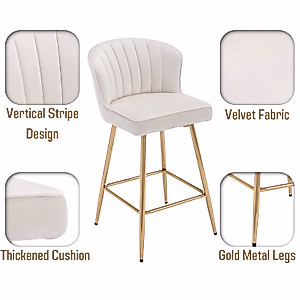 CIMOO Beige Velvet Counter Stools with Gold Legs Mid Century Modern Bar Stools Set of 2 Upholstered Counter Height Stool Chairs 26 Inch kitchen Island Chairs with Back