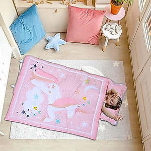 UOMNY Toddler Nap Mat - 1 Pack Girls Sleeping Bag with Removable Pillow - Unicorn 50x20 Inch Kids Preschool Nap Sack with Pillow Pink Girls Napper Nap Mats for Daycare Napping Bag for Girls