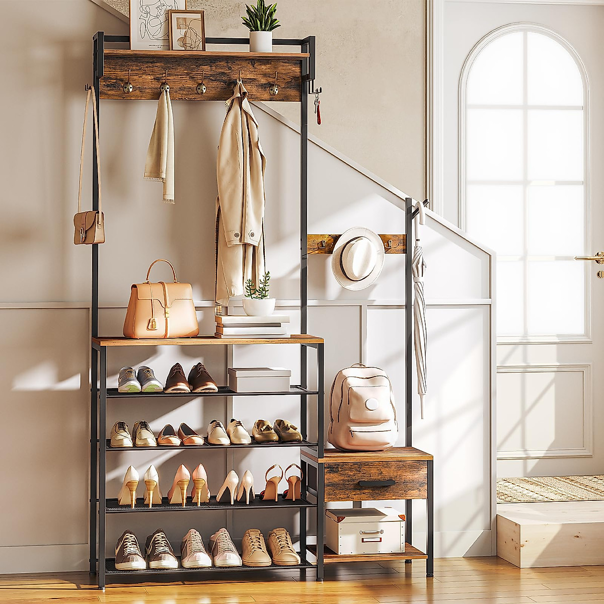 HOOBRO Hall Tree, Entryway Coat Rack Shoe Bench, Shoe and Coat Rack for Entryway, Hall Tree Coat Rack, with Non-Woven Fabric Drawer, for Entrance, Foyer, Rustic Brown and Black BF113MT01